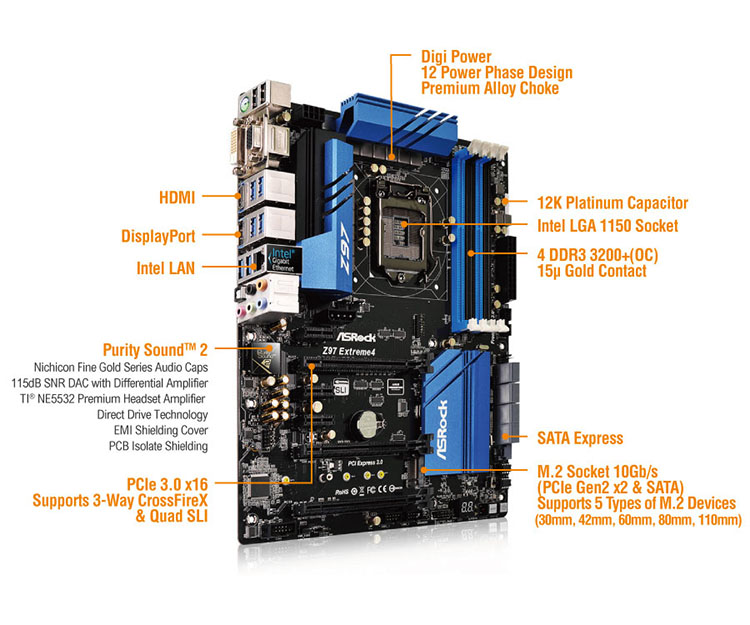 ASRock Z97 EXTREME4 Z97 LGA1150 DualDDR3-1600, SATA3, RAID, HDMI, DVI ...