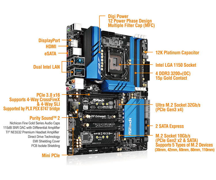 ASRock Z97 Extreme9, Z97, DualDDR3-1600, SATA3, RAID, HDMI, DP, ATX ...
