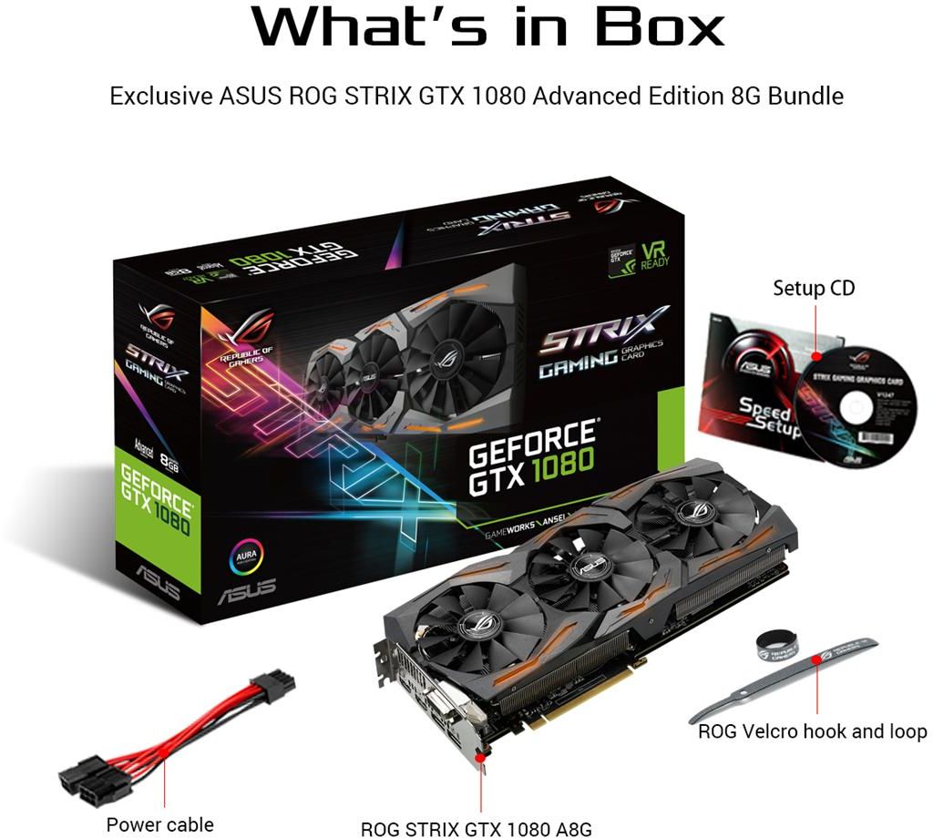 Asus GeForce GTX1080 Advanced 8GB GDDR5X (256-Bit) DVI, 2xHDMI, 2xDP, BOX (STRIX-GTX1080-A8G ...