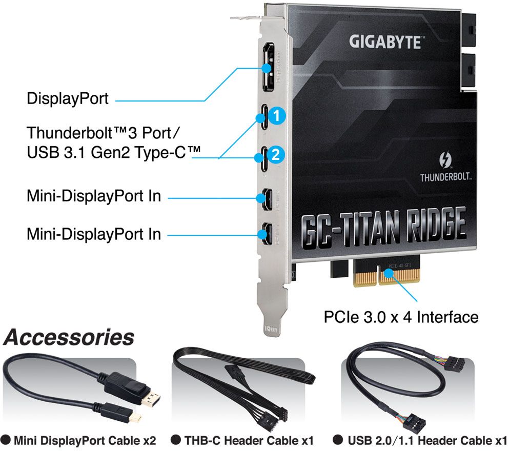 Gigabyte GC-TITAN RIDGE Card, PCIe 3.0 x 4, DP, miniDP, USB 3.1 Gen2 ...