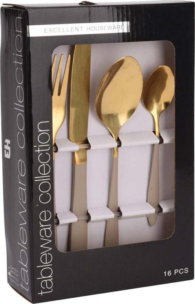 Excellent Houseware Zestaw złotych sztućców beżowa rączka komplet 16el ...