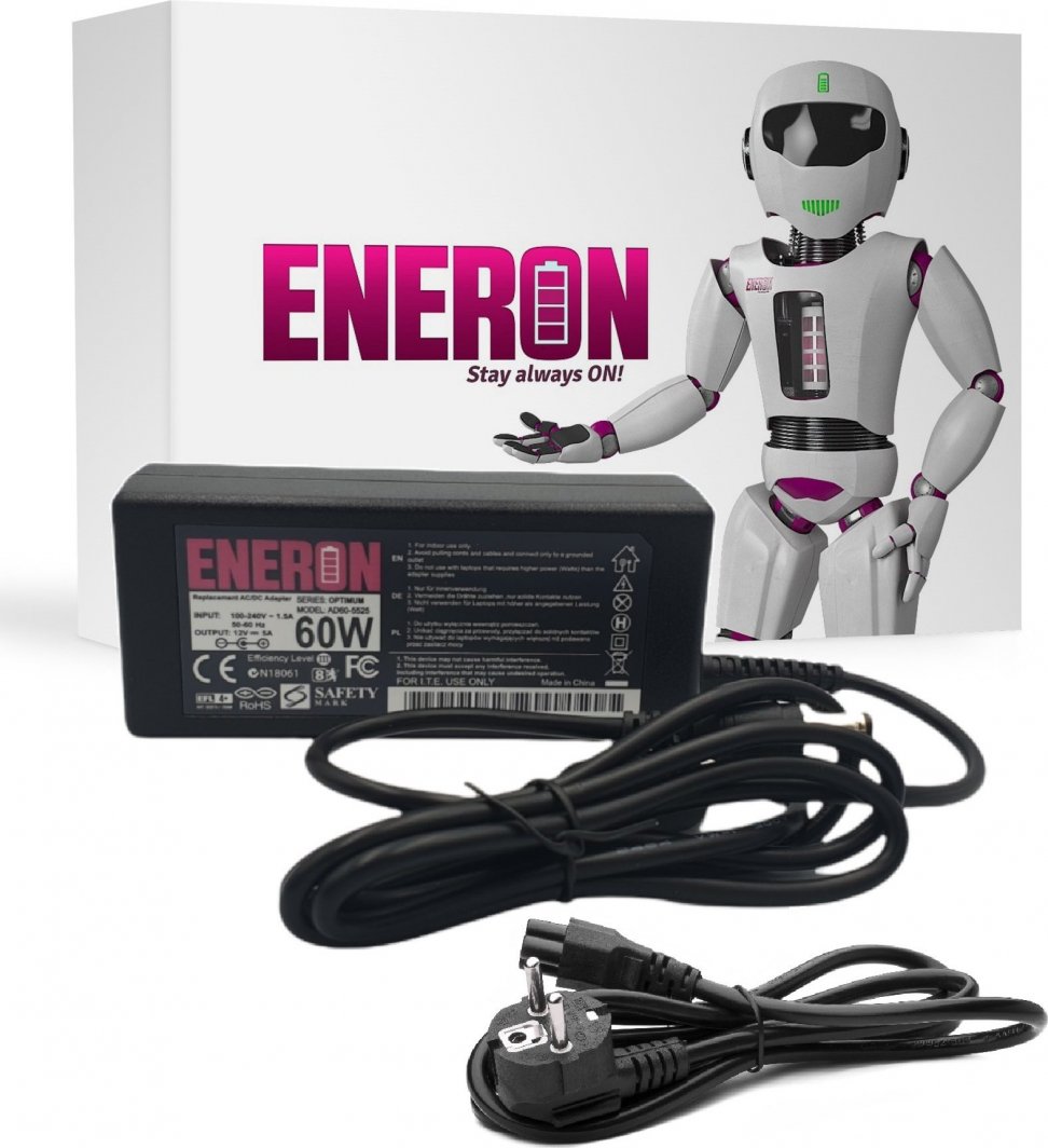 Eneron Zasilacz ładowarka uniwersalna 12V 60W 5A wtyk 5,5x2,5mm + kabel ... Eneron Zasilacz ładowarka uniwersalna 12V 60W 5A wtyk 5,5x2,5mm + kabel ...