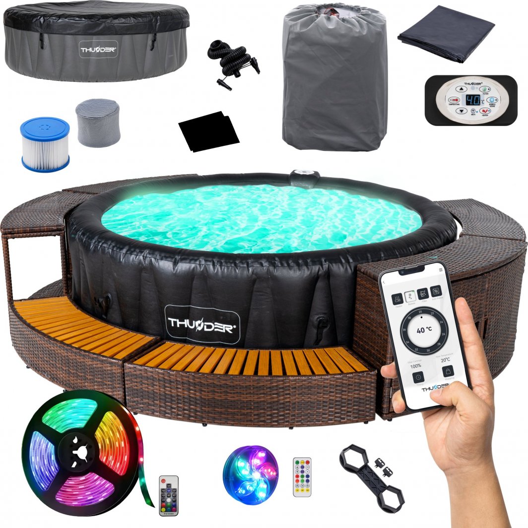 Thunder Basen z hydromasażem 6-osobowy LUNGO + brązowe meble rattanowe ...
