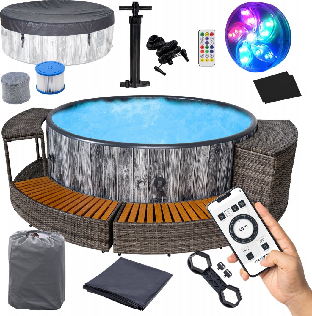Thunder Basen z hydromasażem 6-osobowy THUNDER VILLAGE + szare meble ...