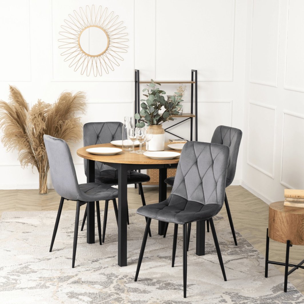 Mebel Elite Zestaw Stół Okrągły Rozkładany KANTE 102-142 Dąb/Czarny i 4 ...