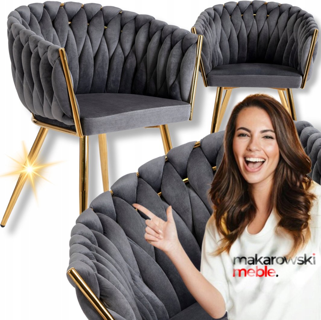 Mebel Elite Krzesło Tapicerowane Welur Glamour CAPI Plecione Szare Do ...